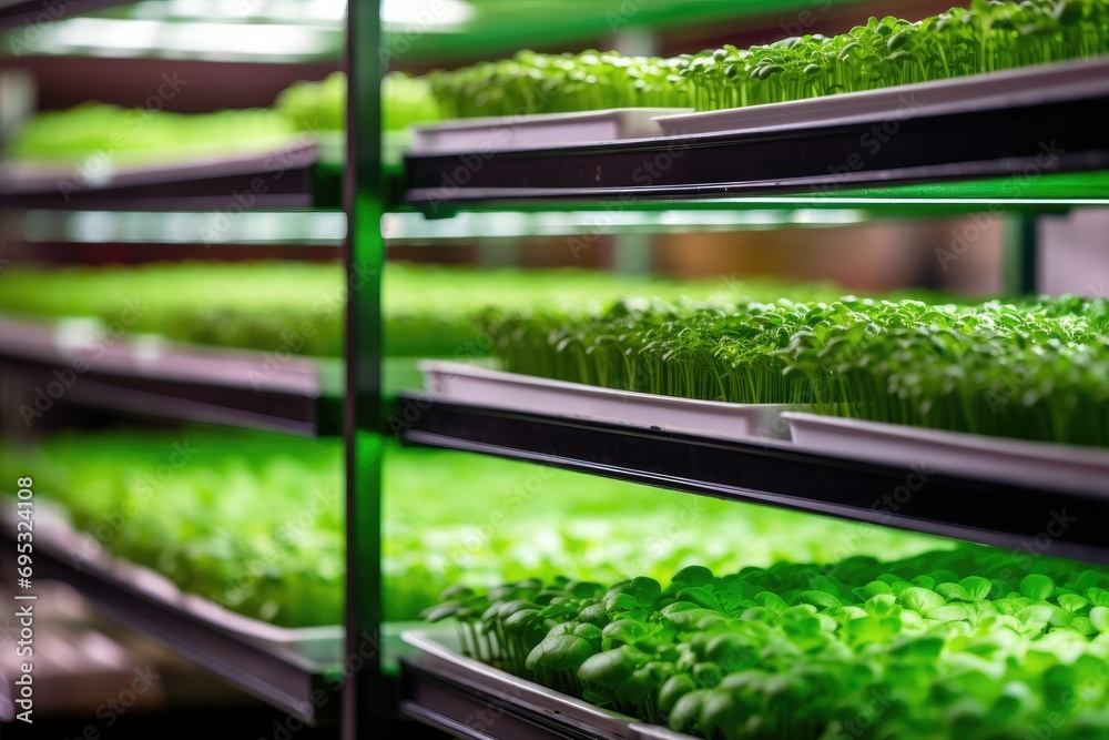 Microgreens grow under LED lights. Vertical farming technology. Indoor ...