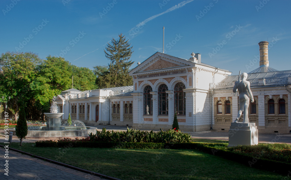 Facade of the building of the upper baths in the resort park of ...