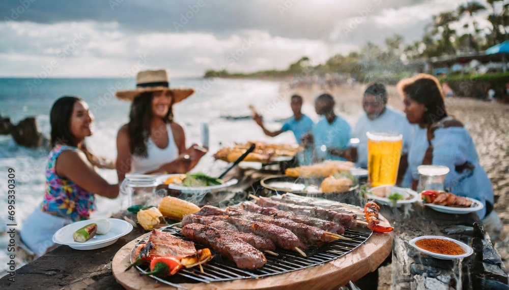 barbecue on the grill Barbecue party with people in the background, beach party, sea, grilled ...