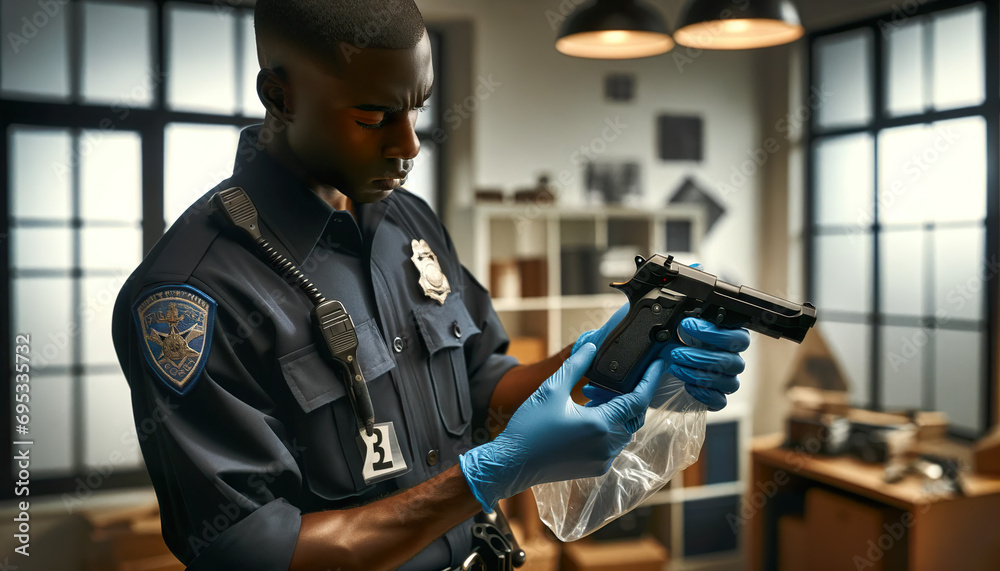 African American police officer at a indoor crime scene investigating ...