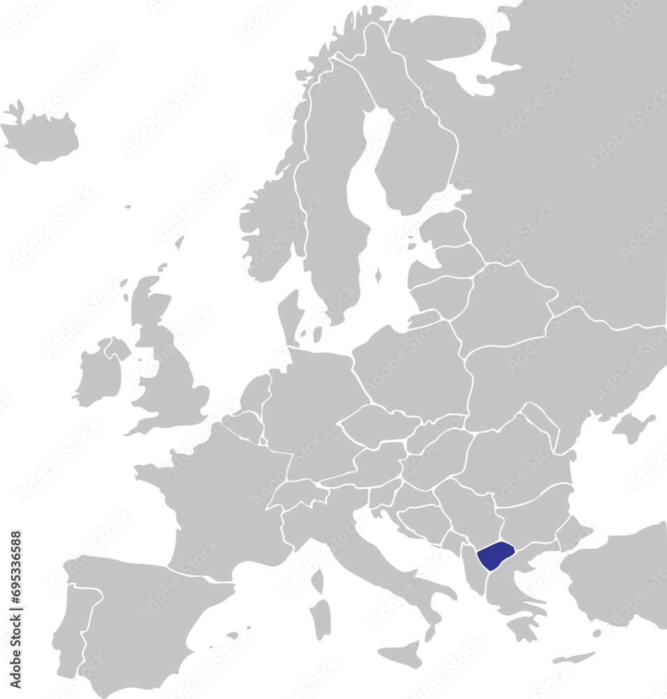 Blue CMYK national map of NORTH MACEDONIA inside simplified gray blank ...