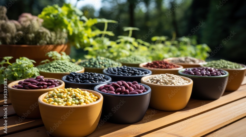 All kinds of different types of beans in simple pots on a wooden table ...