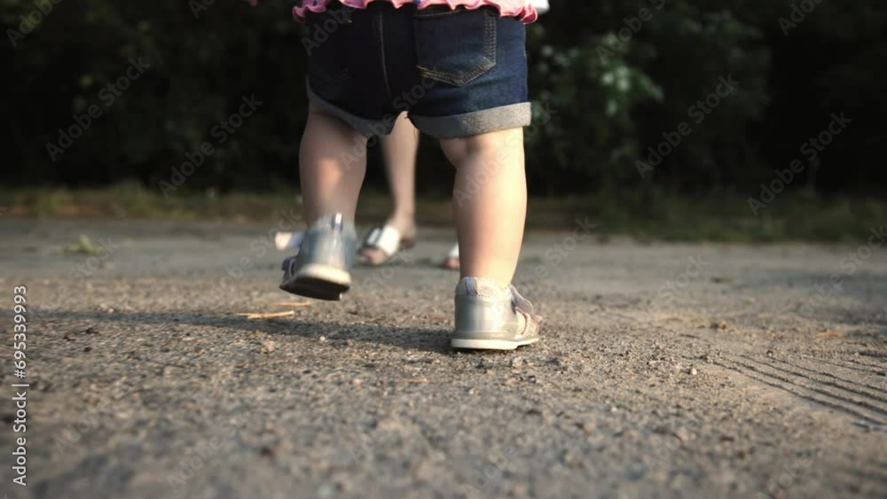 A small child takes his first steps. Mom and child walk in the fresh ...