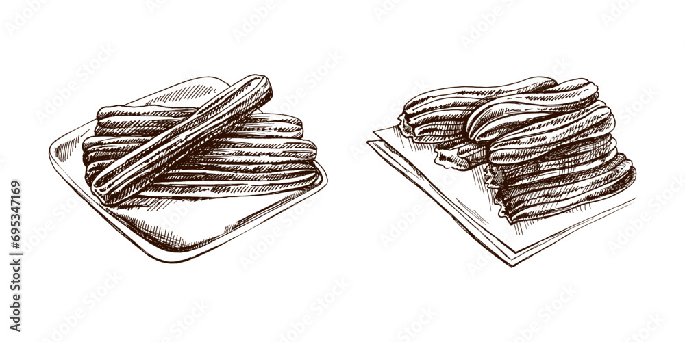 Hand-drawn set of churros in sketch style. Vintage drawing of Mexican ...