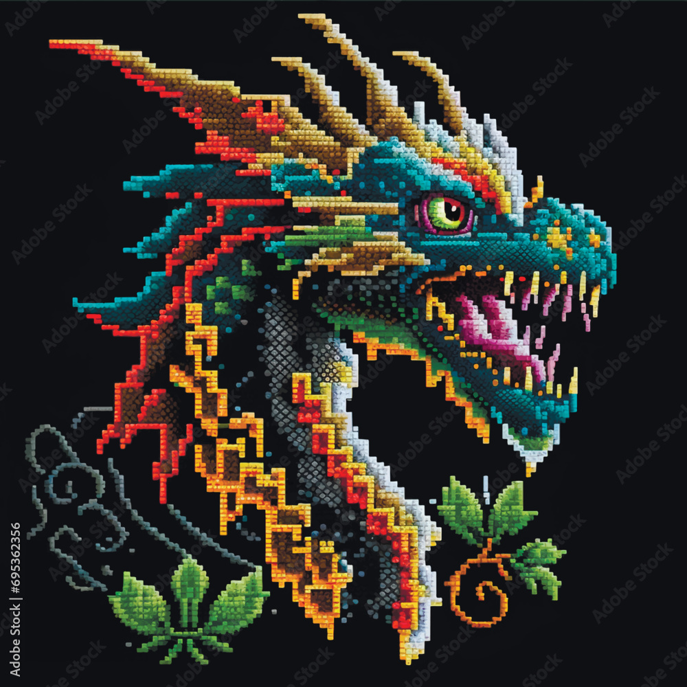 Pixel art embroidery style textured mosaic vector chinese dragon ...