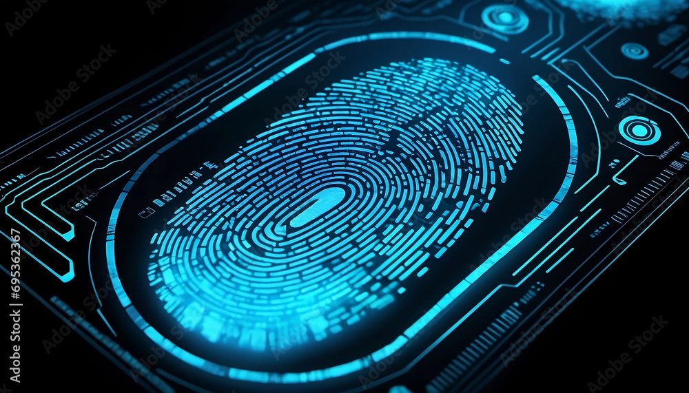 Generative AI image of digital finger print scan in blue glowing lights ...