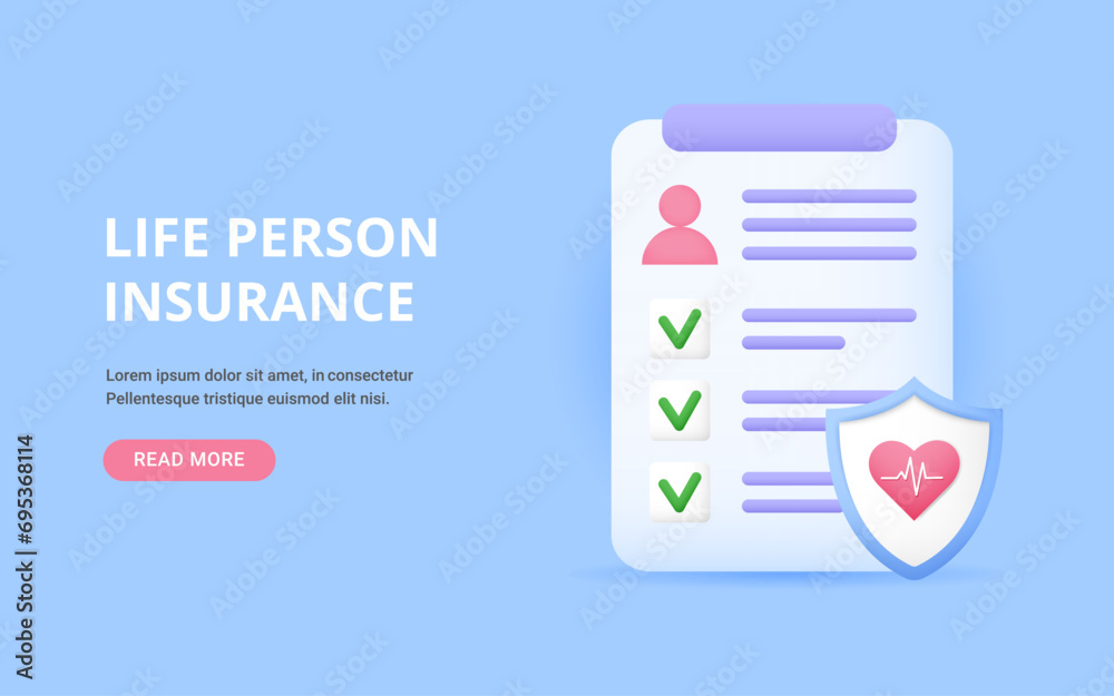 Banner life person insurance concept. Contract with sign shield heart ...