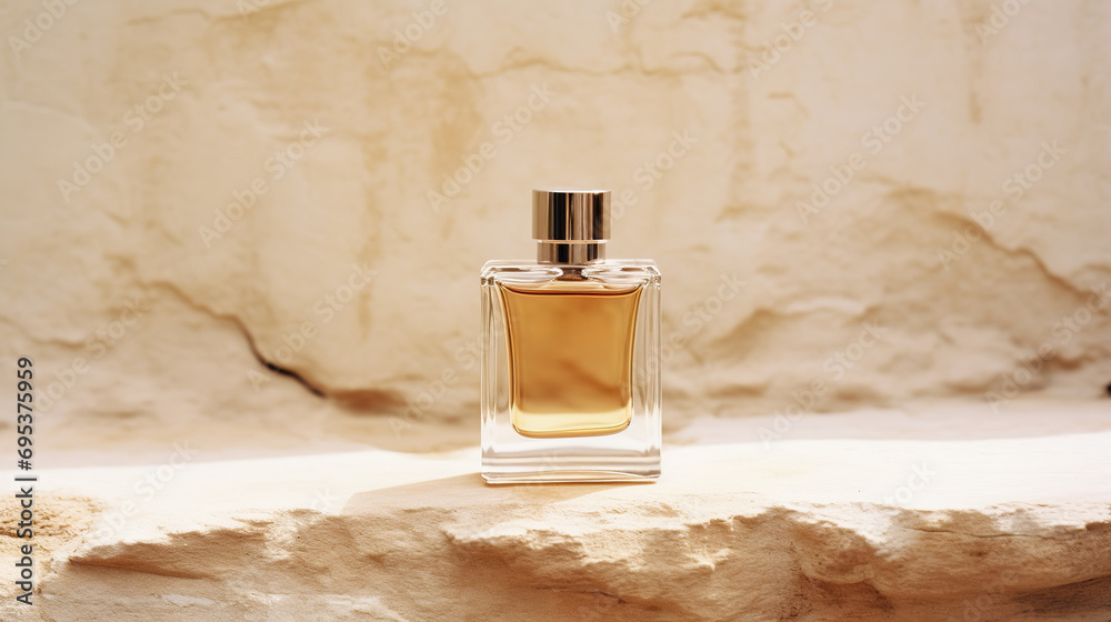 Generative AI, Bottle of beige perfume on a beige natural stone ...