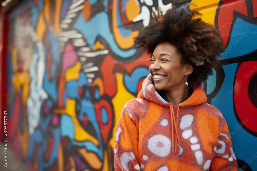 Portrait of a blissful afro-american woman in her 40s dressed in a ...