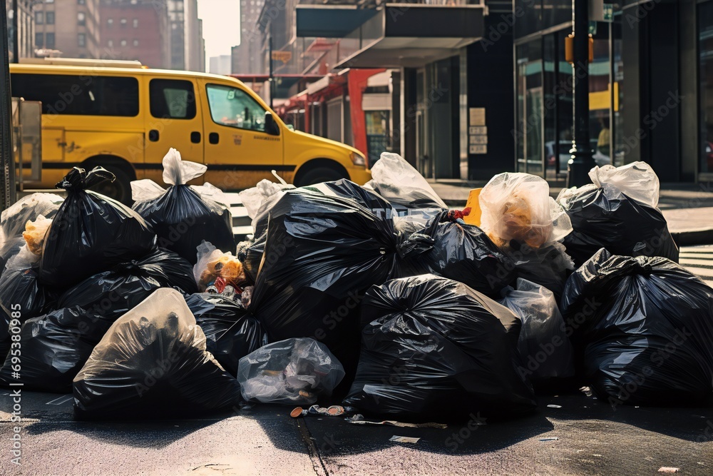 Pile of black garbage on the footpath in big city. pollution trash ...