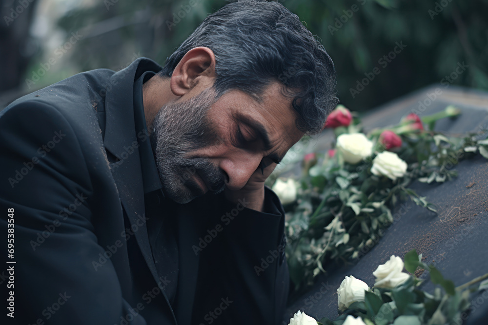 A 45-year-old Middle Eastern man mourning at a grave site, his sorrow ...