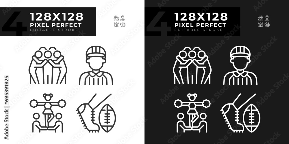 American football team linear icons set for dark, light mode. Team ...