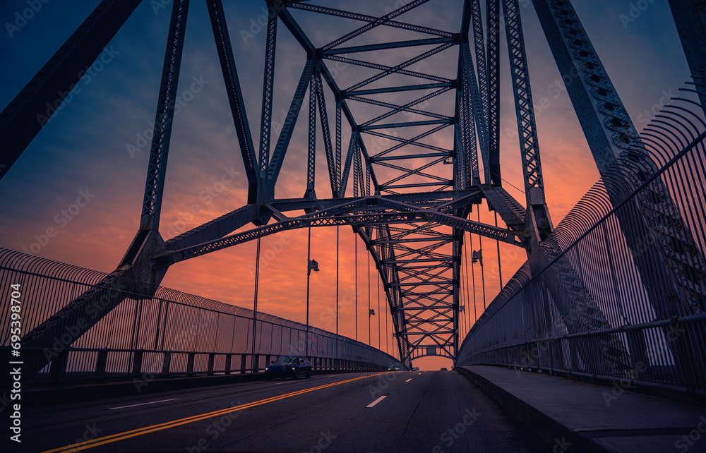 The Bourne Bridge at sunrise on Route 28 across Cape Cod Canal ...
