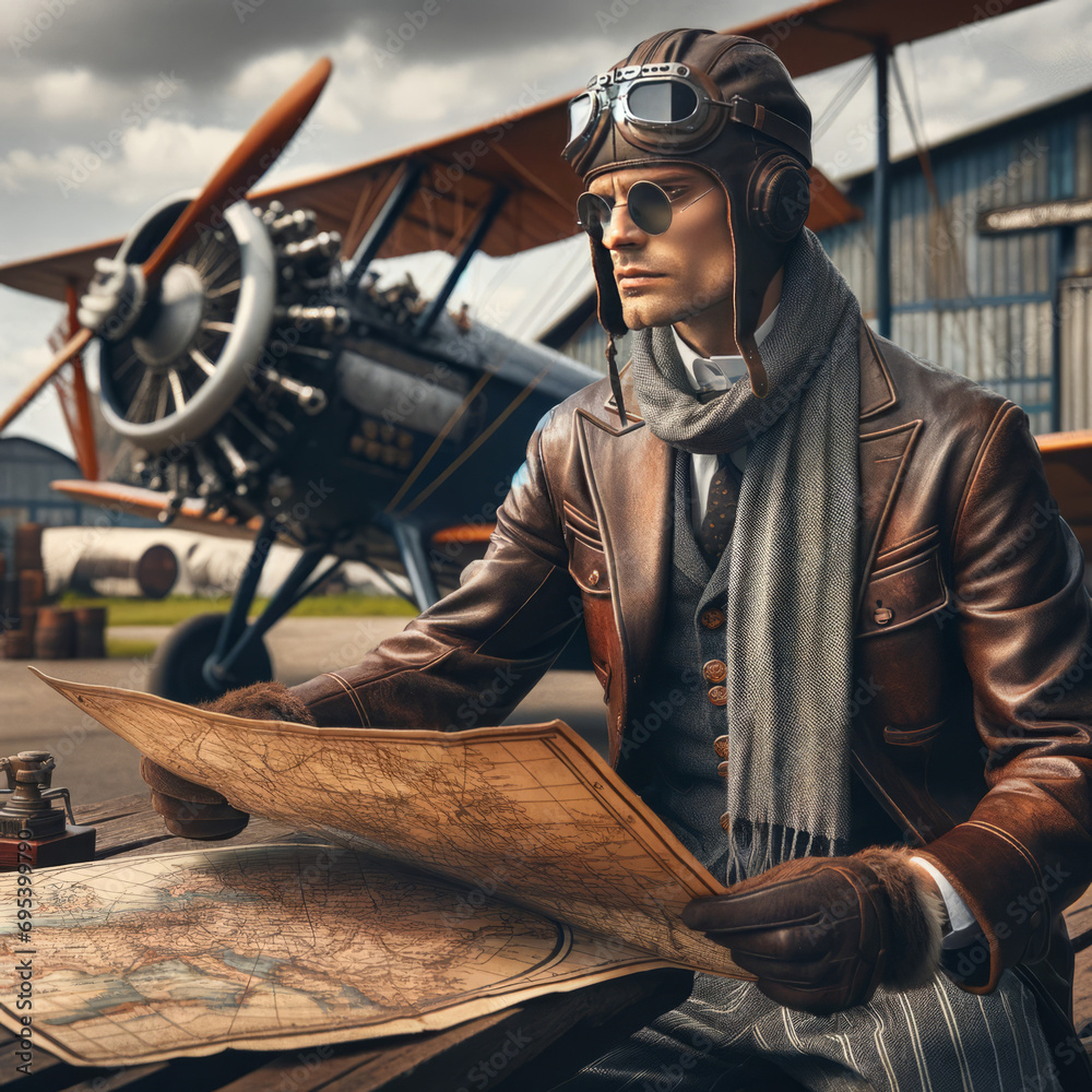Foto de A 1920s aviator looking at a map with a propeller plane behind ...