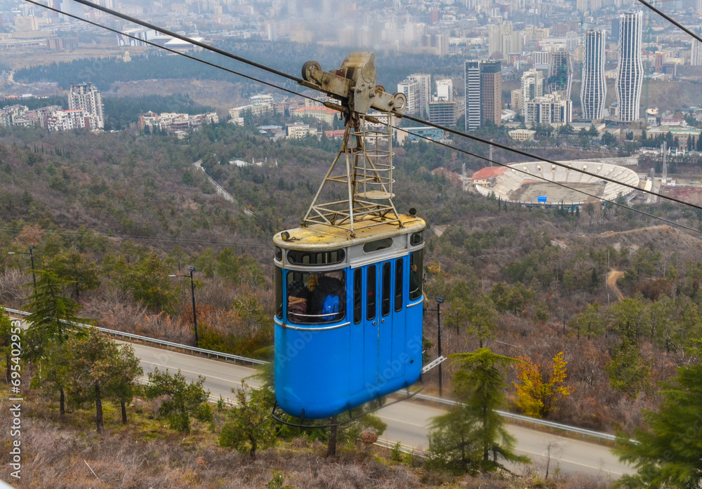 original blue gondola of Turtle Lake Cable Car Line in Tbilisi, Georgia ...