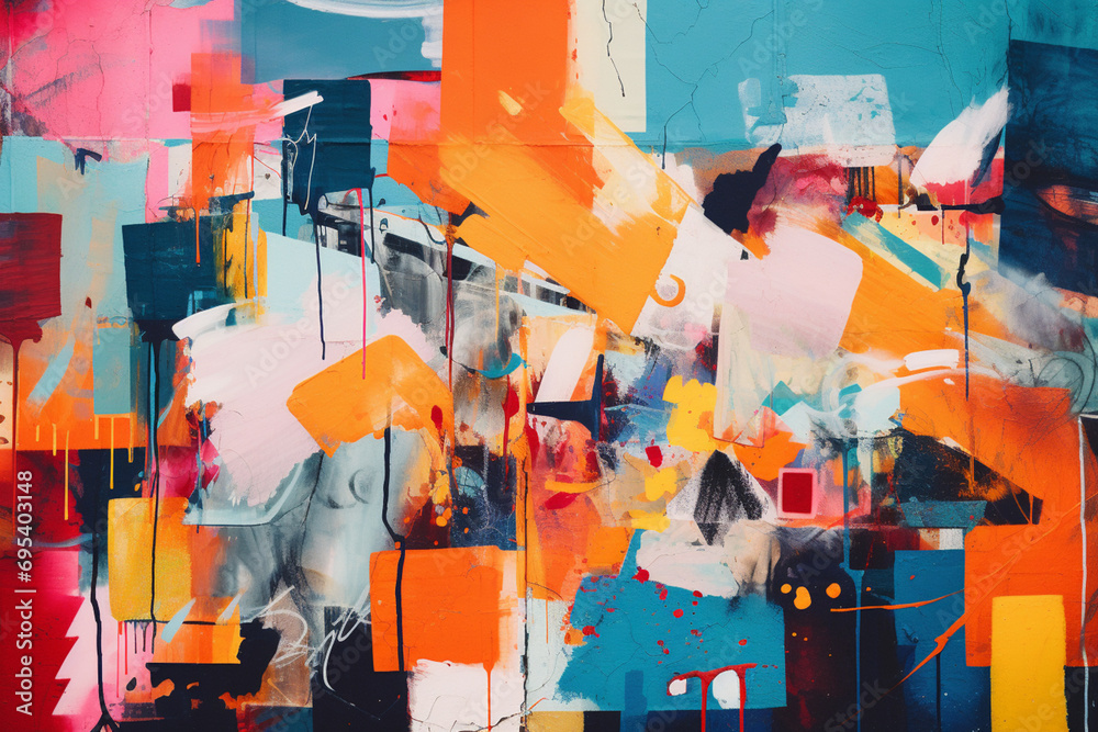 Abstract scene featuring a street art extravaganza, using vibrant ...