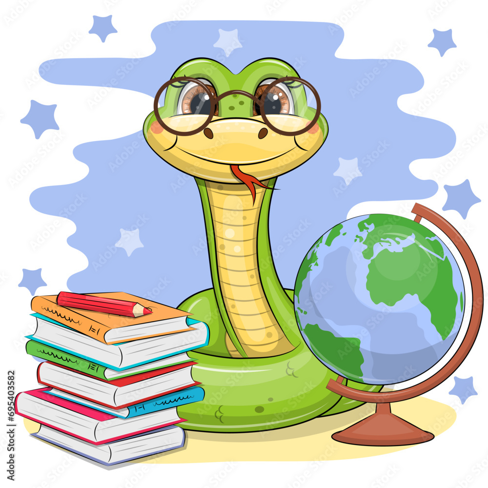 Cute cartoon green snake with books and a globe. School vector ...