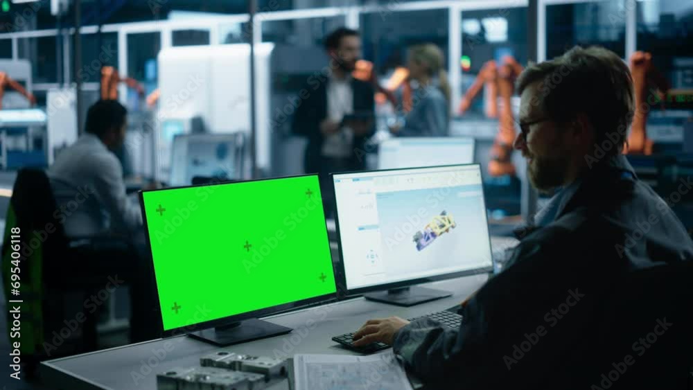 Caucasian Male Engineer Controlling Autonomous Conveyor With Robotic ...