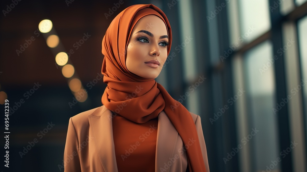 A sophisticated and confident hijab-wearing woman, portrayed in a ...