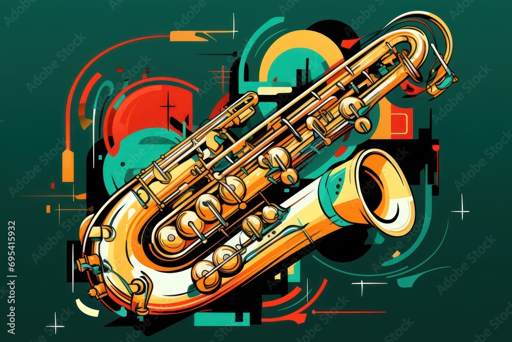 a close up of a saxophone on a green background with a red and blue ...