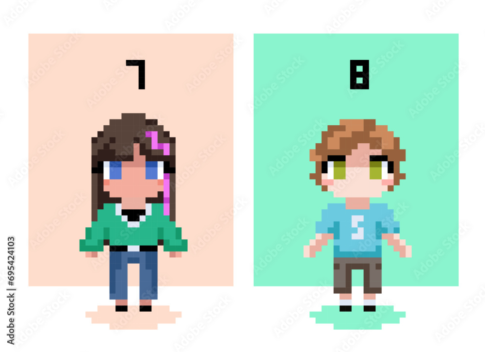 Set of people in pixel art style. Cute 8 bit kids characters for video ...