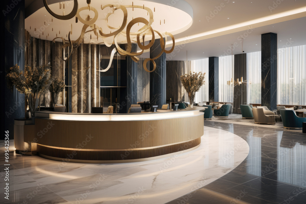 Interior of luxury hotel lobby zone with reception desk and relax zone ...