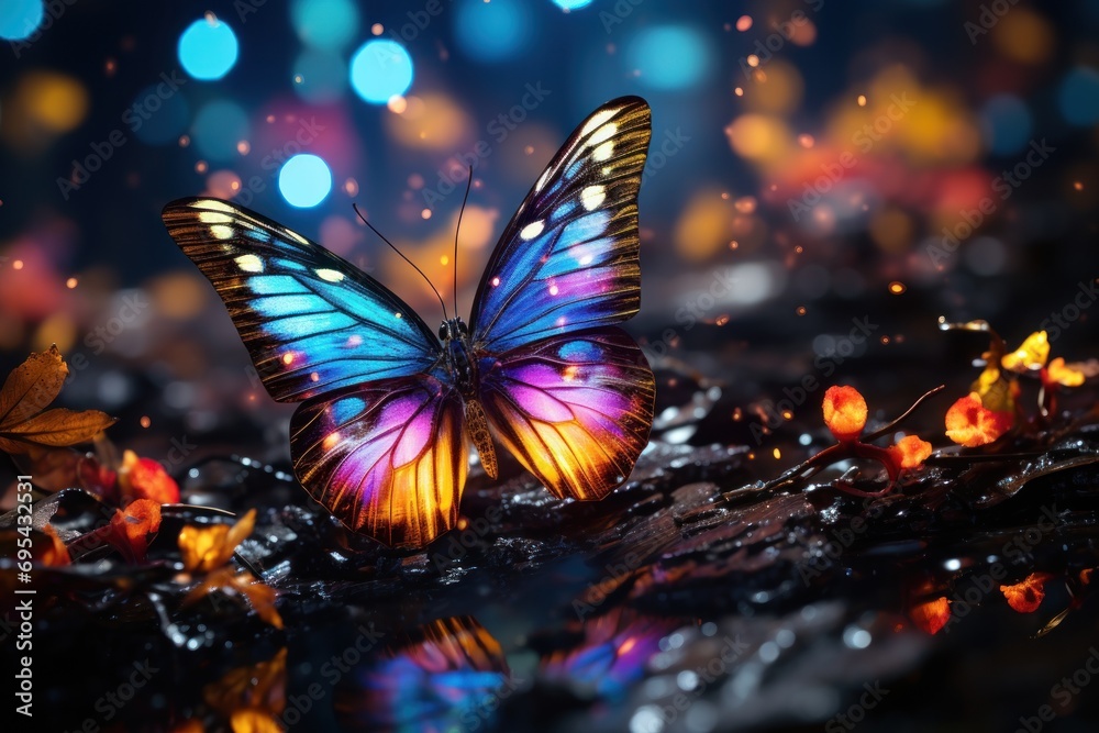 a blue and yellow butterfly sitting on top of a puddle of water next to orange and yellow ...