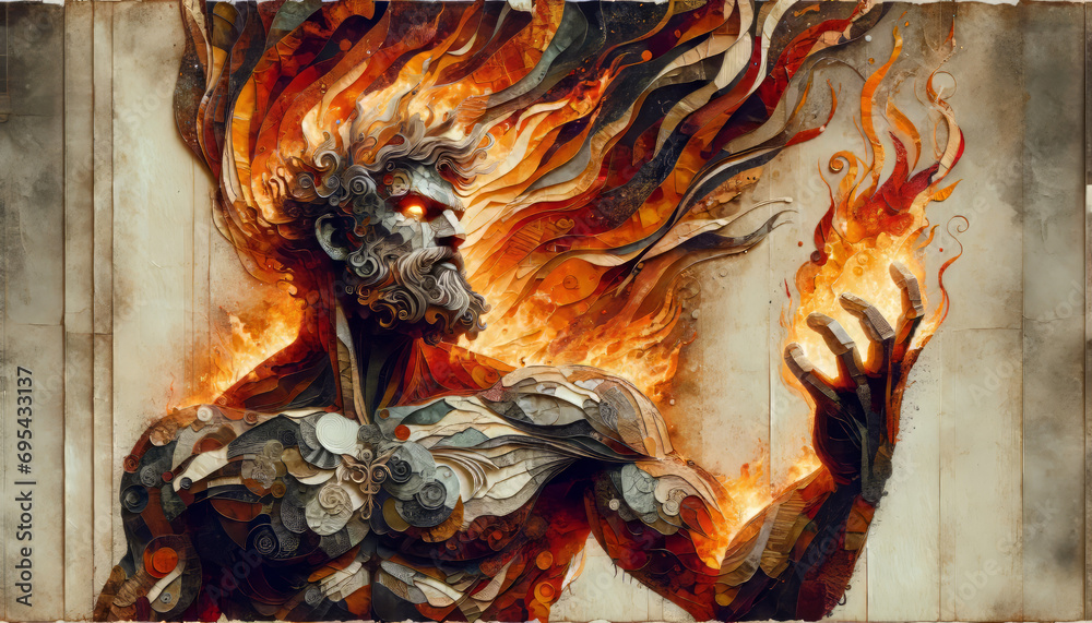 A fiery portrayal of the Titan Prometheus, depicted in a mixed media ...