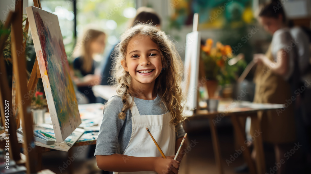 little beautiful girl draws on an easel in an art studio, drawing ...