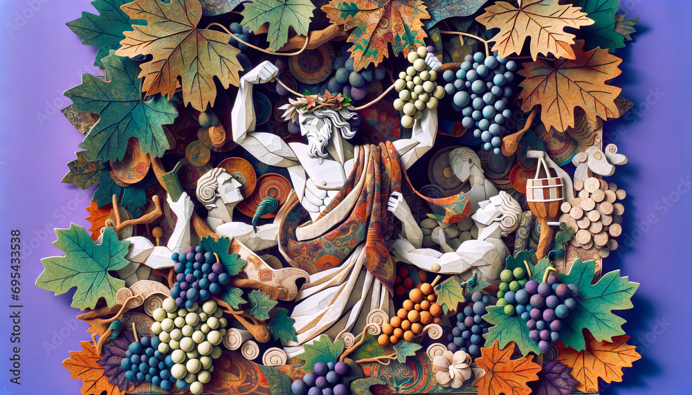 Dionysus amidst a lively grape harvest festival, depicted in a mixed ...
