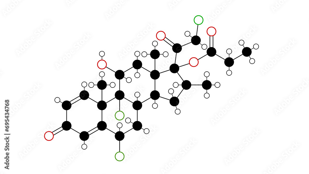 ulobetasol propionate molecule, structural chemical formula, ball-and ...