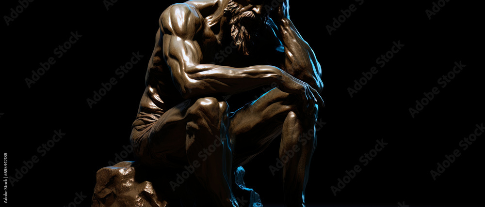 Distressed man statue on black background, thinking pose of ancient man ...