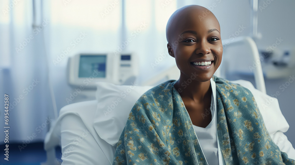 Beautiful African American bald female patient lies in a hospital bed ...