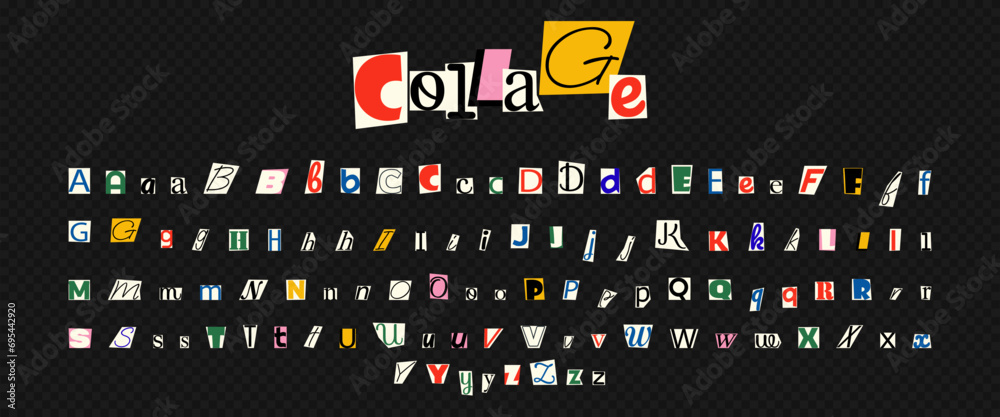Collage font, colorful anonymous letters, cut out ransom note style ...