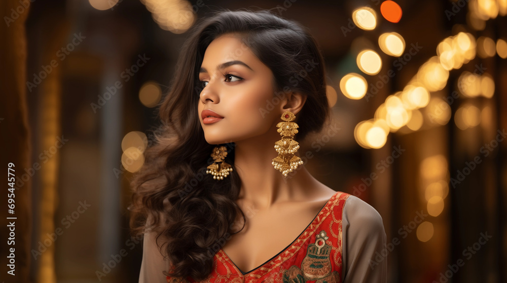 stunning indian model profile with traditional jewelry and embroidered ...