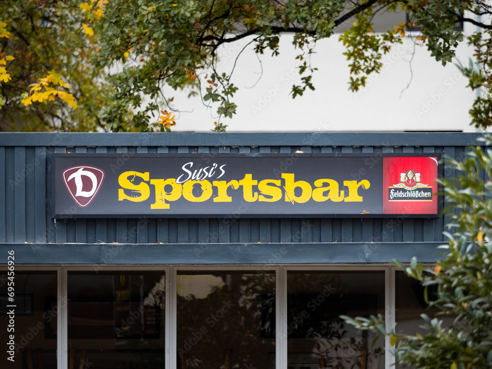 DRESDEN, GERMANY - 5. November 2023: Susi's Sportsbar pub logo sign on ...