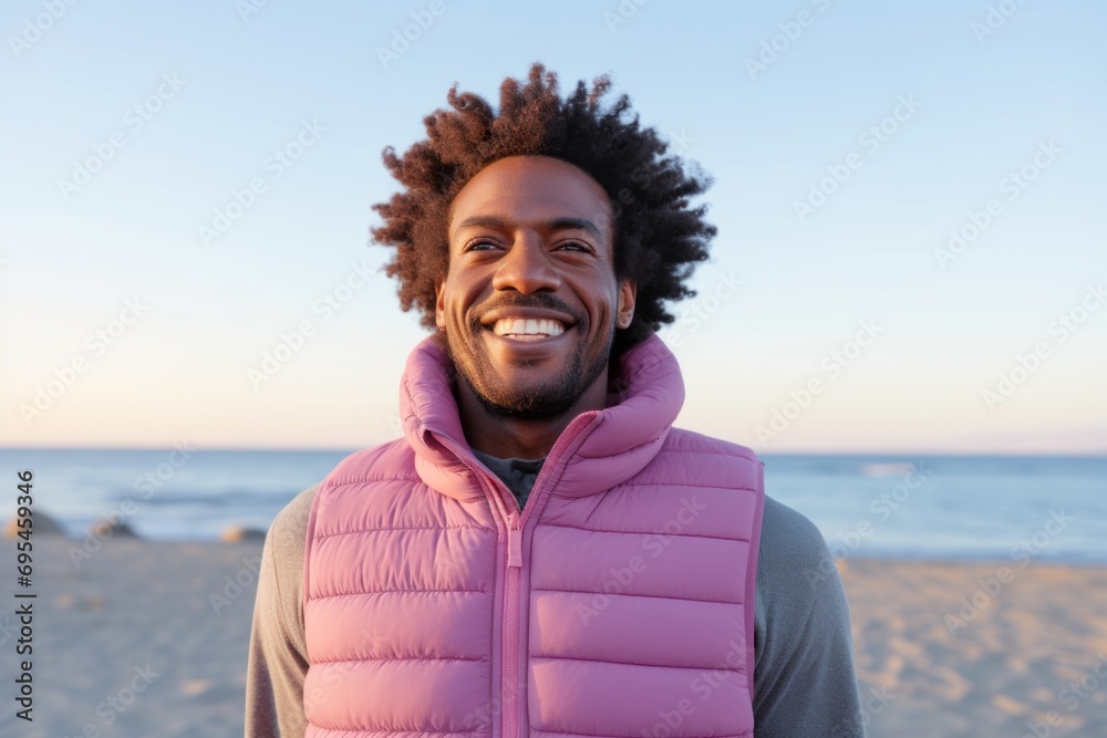 Portrait of a smiling afro-american man in his 30s dressed in a thermal ...