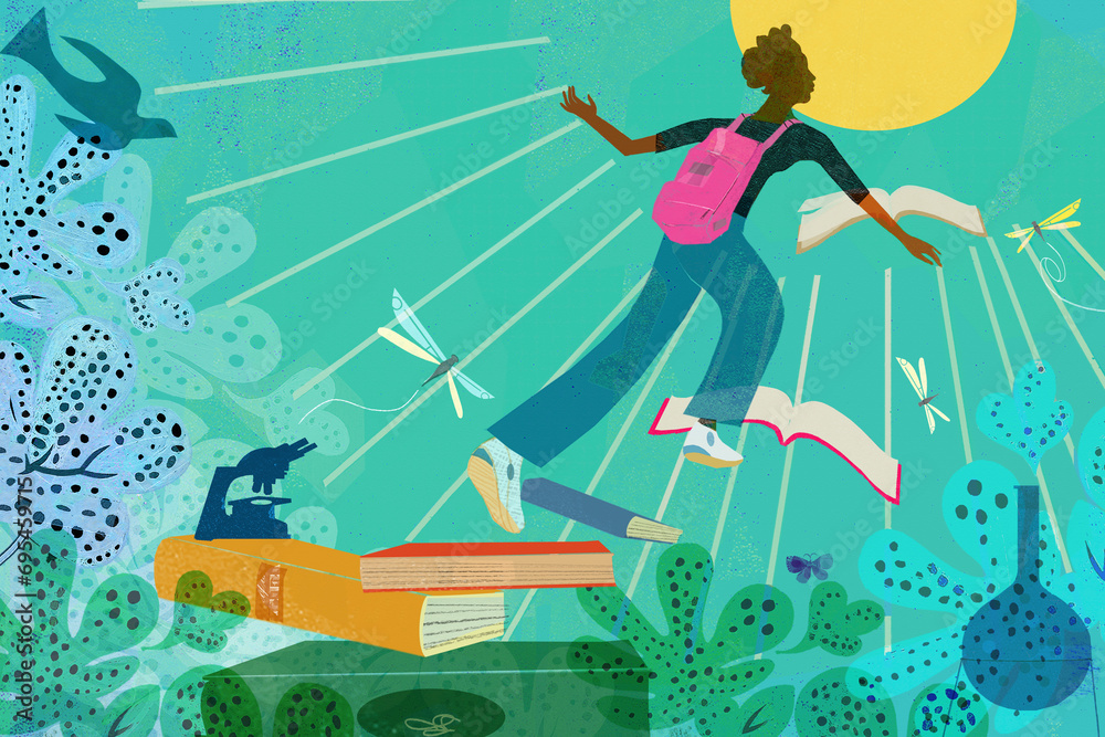 Teenage girl taking off from pile of books Stock Illustration | Adobe Stock