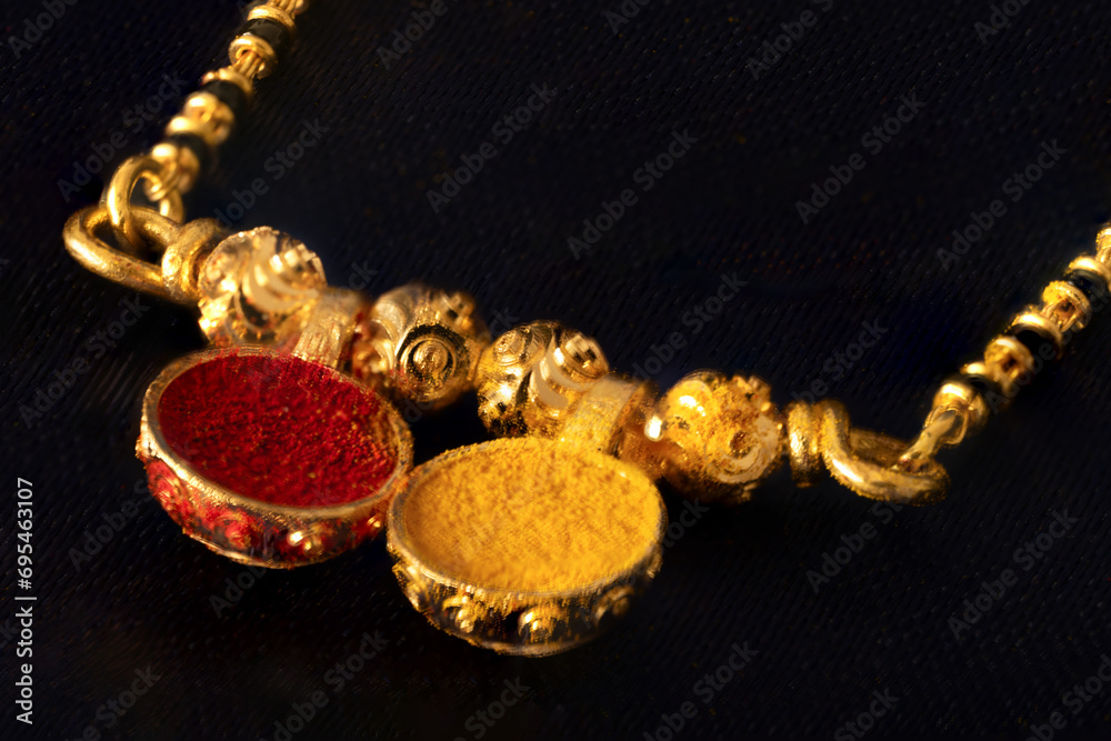 Still life image traditional Indian Hindu wedding necklace of a bride ...