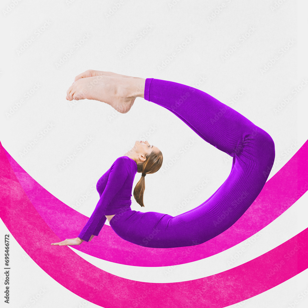 Contemporary art collage. Young female model stretching, doing yoga ...