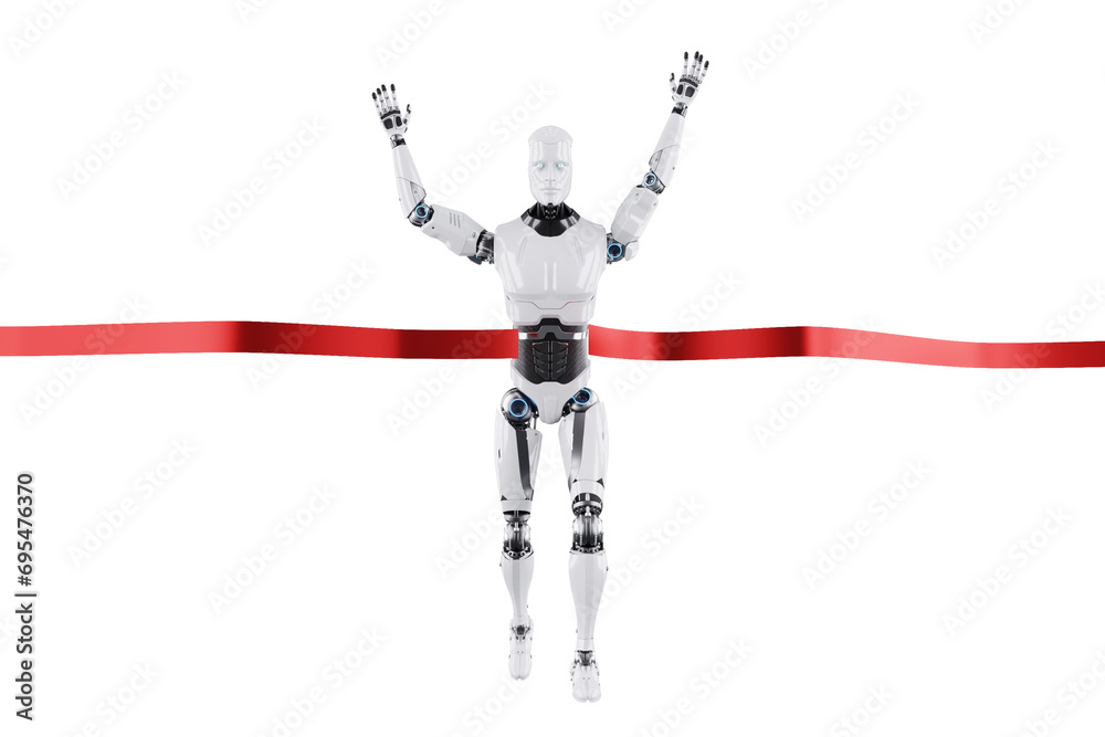Robot crosses the finish line, finishing red ribbon. Concept of ...