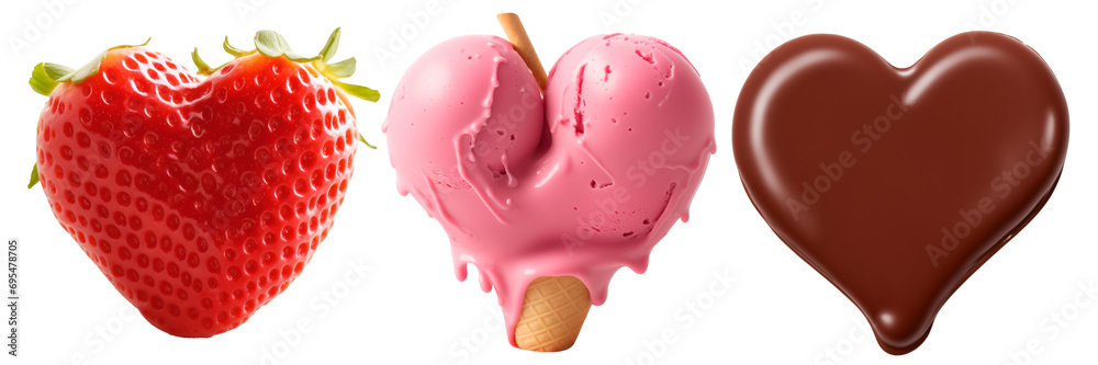 Chocolate heart , strawberries, Strawberry ice cream in the shape of a ...