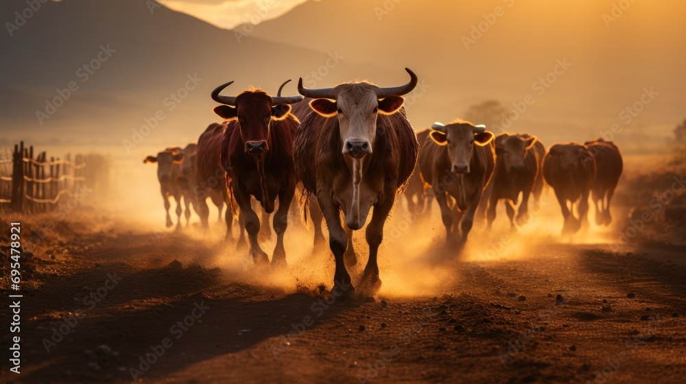 a herd of cattle running down a dirt road next to a fence with ...