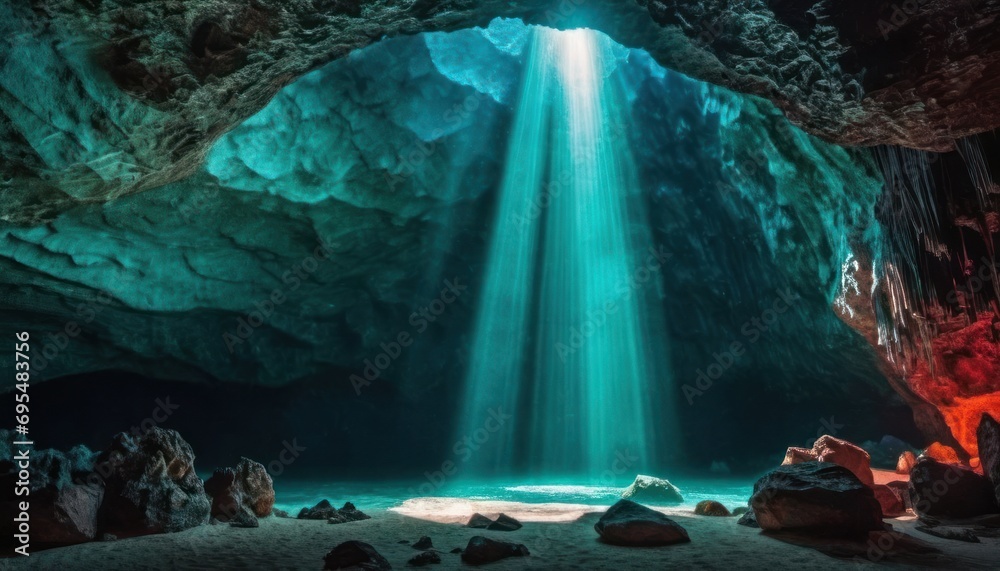 a cave filled with lots of water and a bright beam of light coming out ...