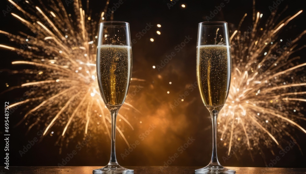 two champagne flutes filled with champagne with fireworks in the ...