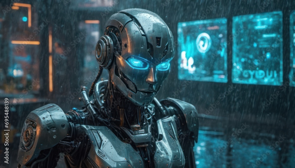a robot is standing in the rain in a scene from the movie tron, which ...