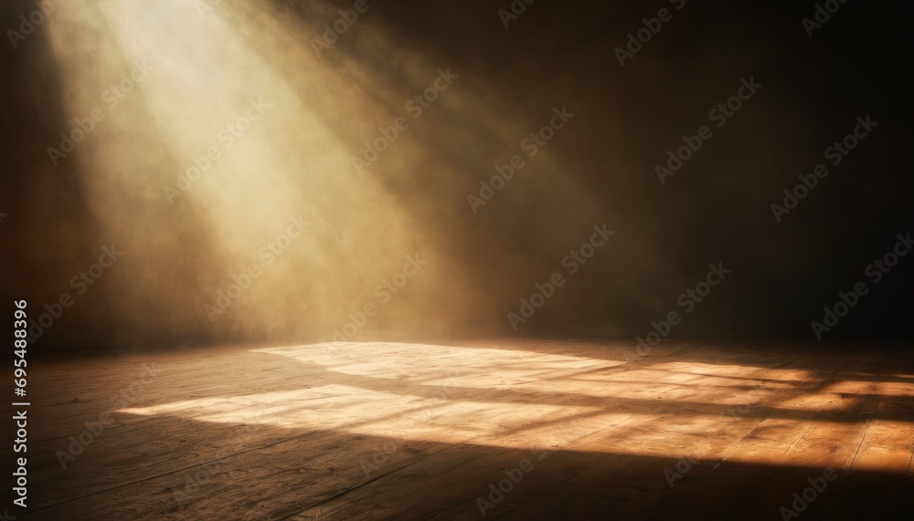 a room with a wooden floor and a light coming through the window with a ...