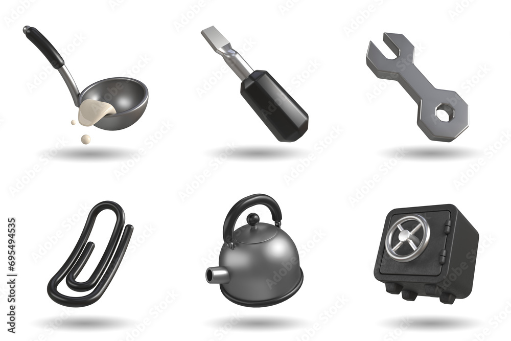 A set of 3d icons of various household utensils for your business. A ...