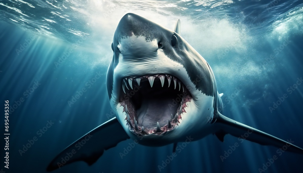 shark in the water with its mouth open with teeth. Angry shark swimming ...