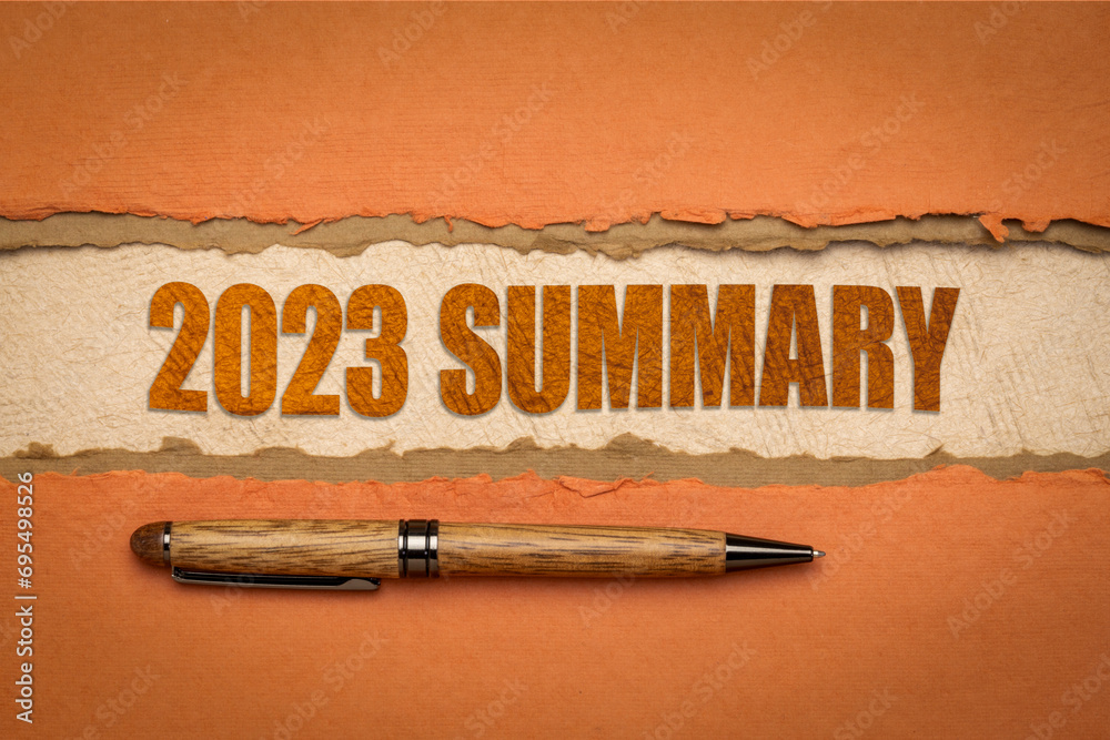 2023 year summary banner - text on art paper, end of year business ...